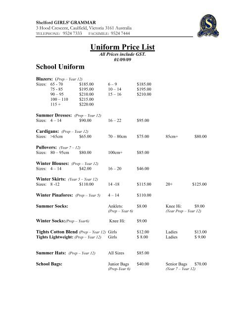 Uniform Price List - Shelford Girls' Grammar