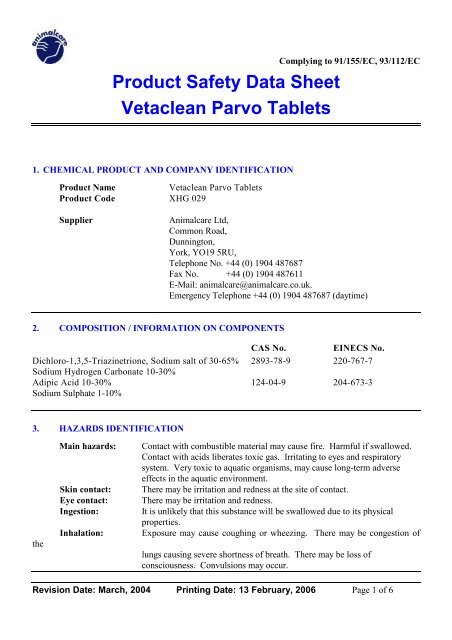 Product Safety Data Sheet Vetaclean Parvo Tablets - Animalcare