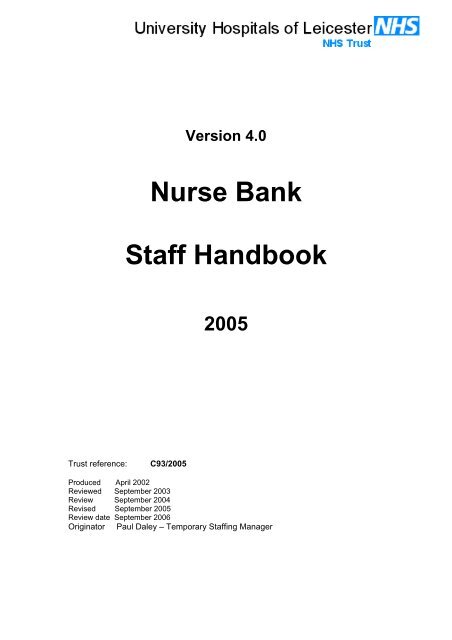 Nurse Bank Staff Handbook - Library - University Hospitals of ...