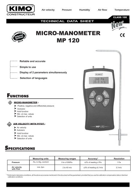 MICRO-MANOMETER MP 120 - Kimo Canada