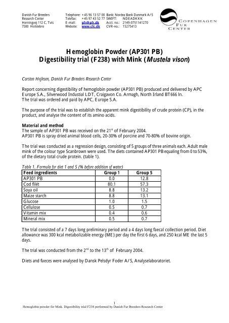 Hemoglobin Powder (AP301 PB) Digestibility trial ... - Kopenhagen Fur