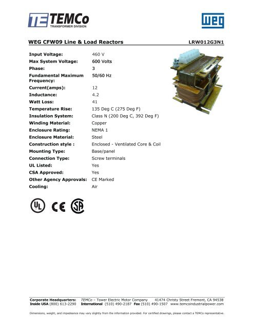 WEG CFW09 Line & Load Reactors - TEMCo Industrial Power Supply