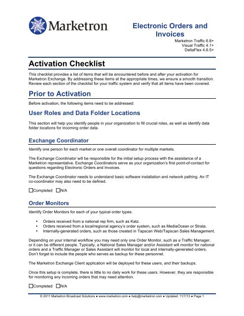 Activation Checklist - Marketron