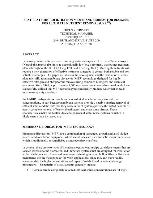 Flat-Plate Microfiltration Membrane Bioreactor Designed - Treatment ...