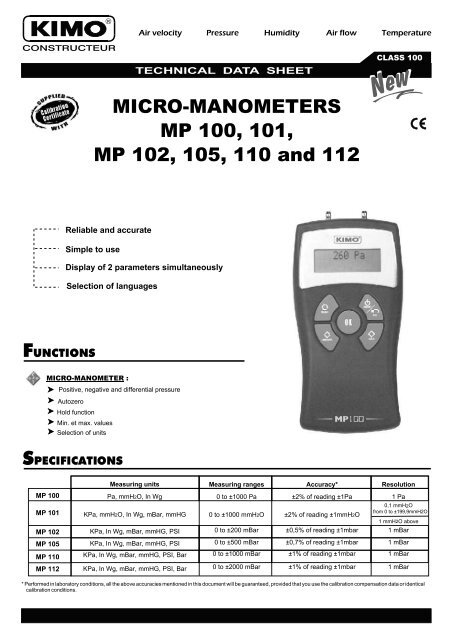 MICRO-MANOMETERS MP 100, 101, MP 102, 105 ... - Kimo Canada
