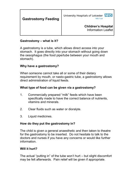 Gastrostomy Feeding - Parent Carer and Patient Fact Sheet - Library