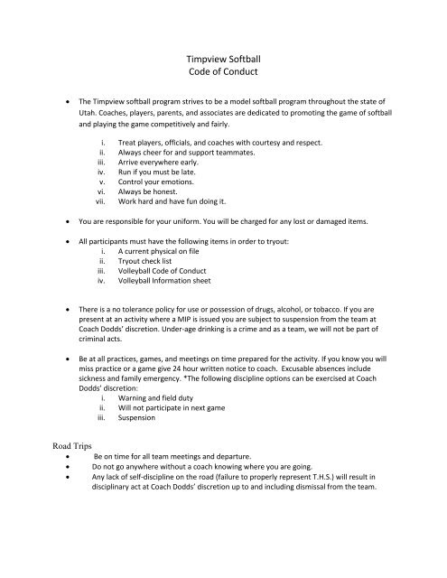 Timpview Softball Code of Conduct - Timpview High School