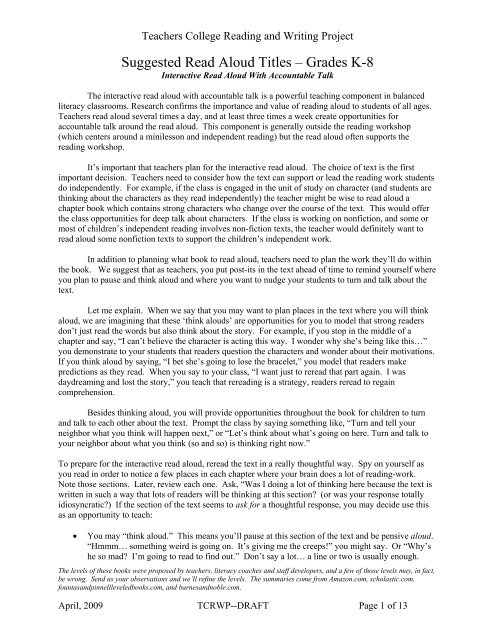 Suggested Read Aloud Titles - The Reading & Writing Project