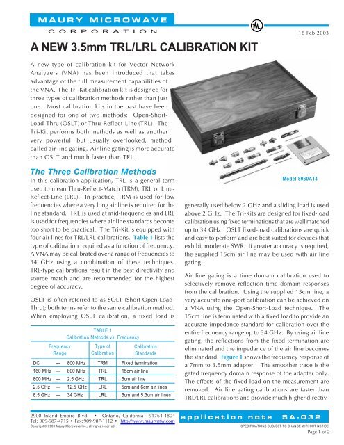 A NEW 3.5mm TRL/LRL CALIBRATION KIT - Maury Microwave