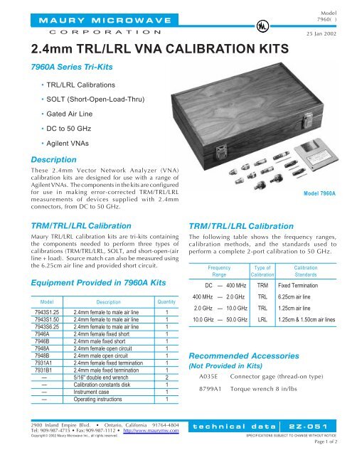 2.4mm TRL/LRL VNA CALIBRATION KITS - Maury Microwave
