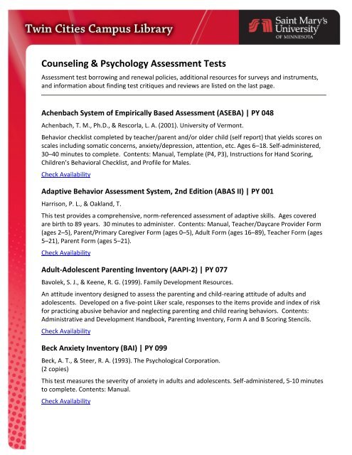 Counseling & Psychology Assessment Tests - SMU Inside Pages