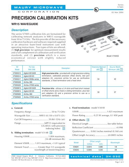 Precision Calibration Kits -WR15 Waveguide - Maury Microwave