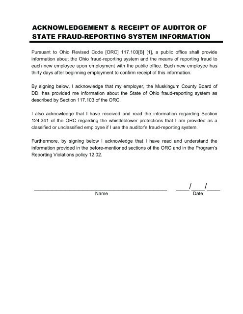 acknowledgement & receipt of auditor of state fraud-reporting ...