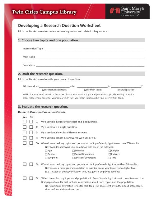Developing a Research Question Worksheet - SMU Inside Pages