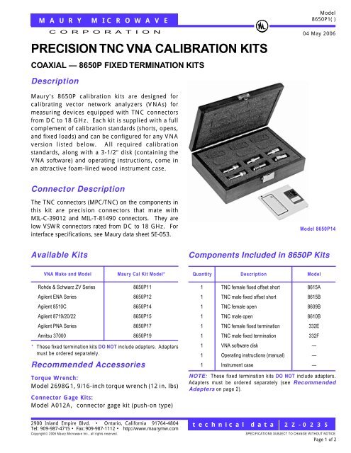 PRECISION TNC VNA CALIBRATION KITS - Maury Microwave