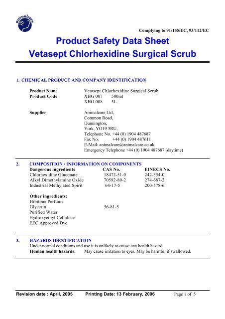Product Safety Data Sheet Vetasept Chlorhexidine ... - Animalcare