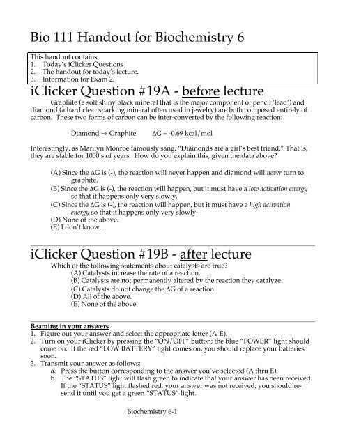 Bio 111 Handout for Biochemistry 6 iClicker Question #19A - before ...
