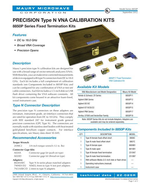 PRECISION Type N VNA CALIBRATION KITS - Maury Microwave