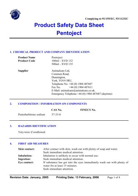 Product Safety Data Sheet Pentoject - Animalcare
