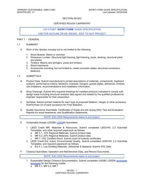 section 061003 certified rough carpentry csi 3-part 'short-form'