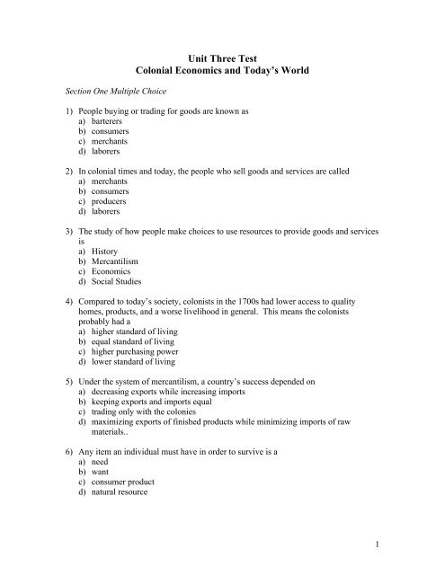Unit Three Test Colonial Economics and Today's World