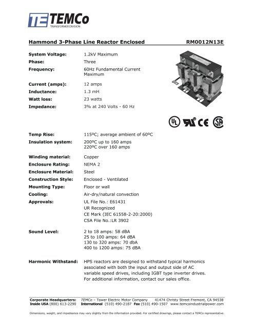 RM0012N13E Hammond 3-Phase Line Reactor Enclosed - TEMCo ...