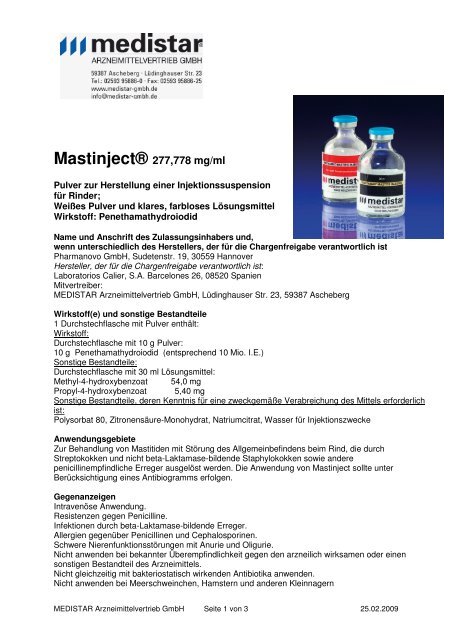 Mastinject 277,778 mg-ml - MEDISTAR Arzneimittelvertrieb GmbH