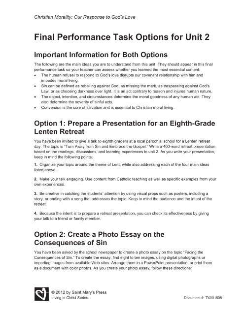Final Performance Task Options for Unit 2 - Saint Mary's Press