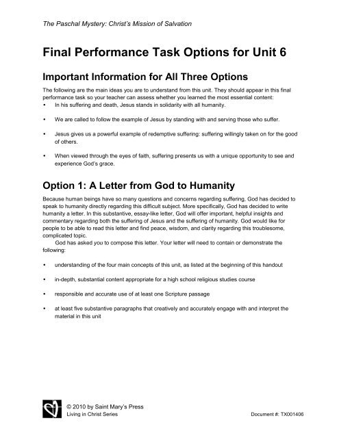 Final Performance Task Options for Unit 6 - Saint Mary's Press