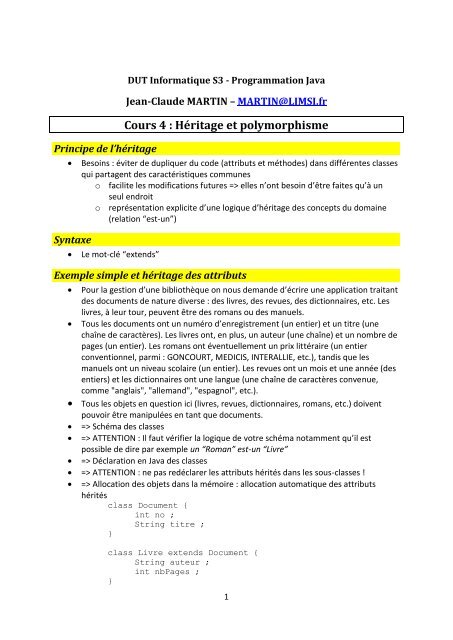 Cours 4 : Héritage et polymorphisme - limsi