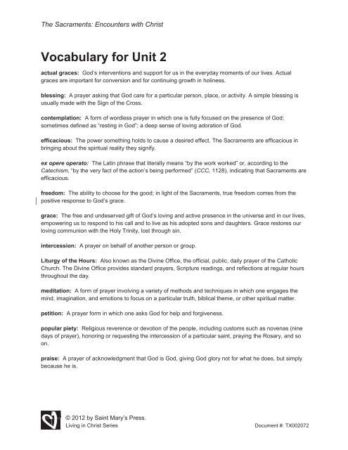 Vocabulary for Unit 2 - Saint Mary's Press