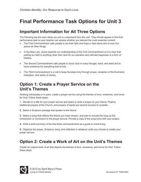 Final Performance Task Options for Unit 3 - Saint Mary's Press