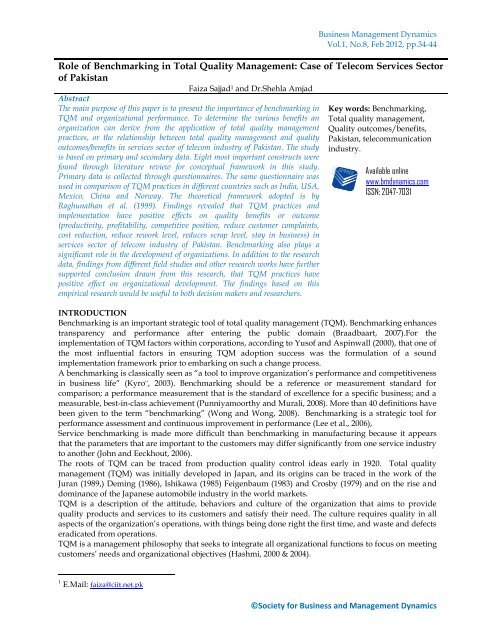 Role of Benchmarking in Total Quality Management: Case of ...