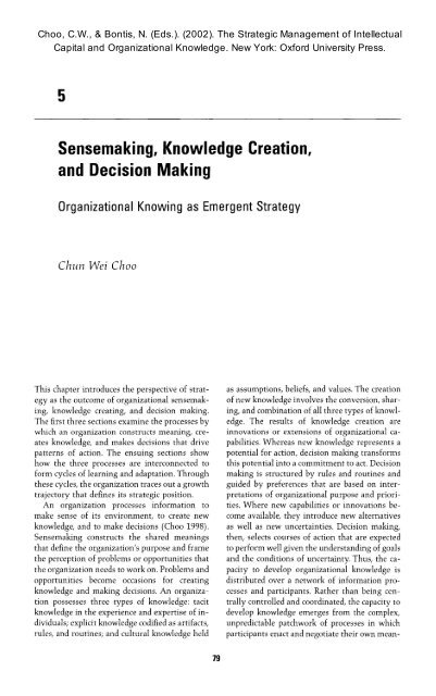 Sensemaking, Knowledge Creation, and Decision ... - Chun Wei Choo