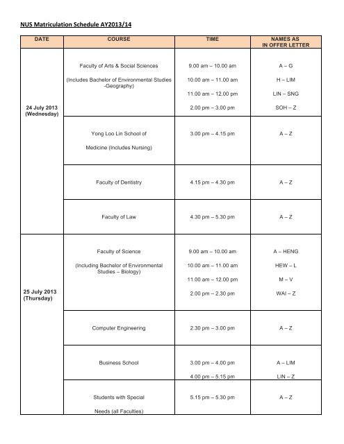 NUS Matriculation Schedule AY2013/14 - NUS Students Union