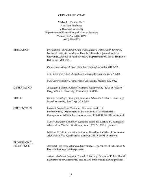 CURRICULUM VITAE Michael J. Mason, Ph.D. Assistant Professor ...