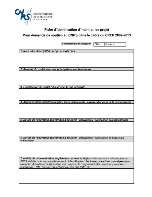 Fiche d'identification d'intention de projet Pour demande de ... - CNRS
