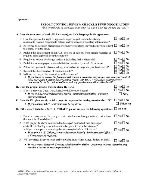 Export Checklist for Negotiators