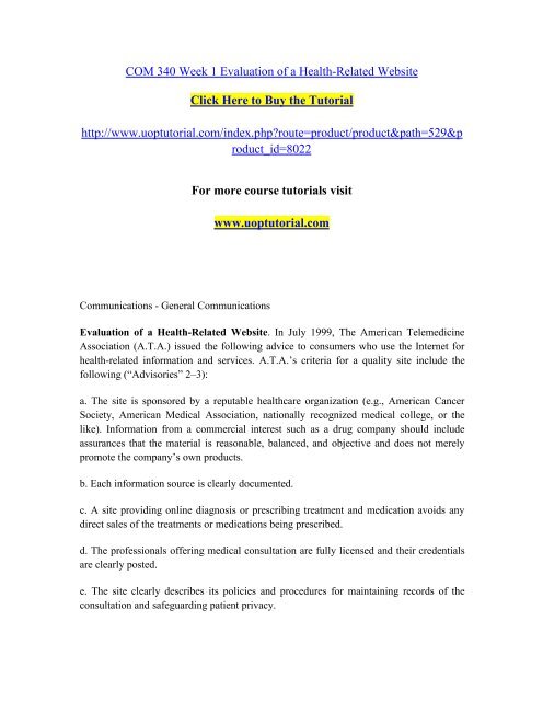 COM 340 Week 1 Evaluation of a Health