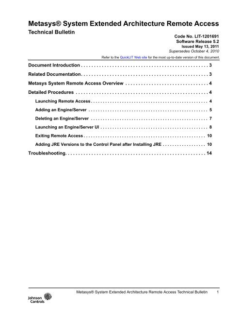 Metasys System Extended Architecture Remote Access Technical ...