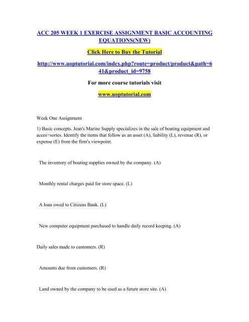 ACC 205 WEEK 1 EXERCISE ASSIGNMENT BASIC ACCOUNTING EQUATIONS(NEW)