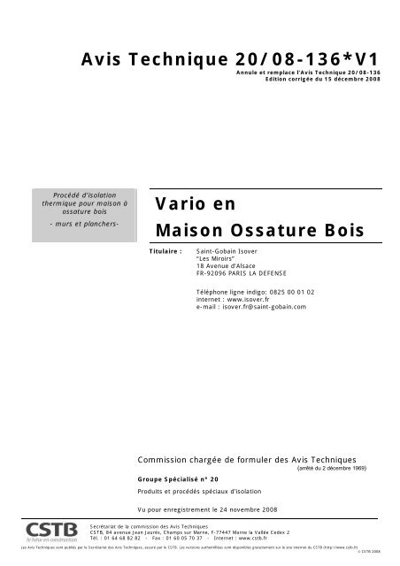 Avis Technique 20/08-136*V1 Vario en Maison Ossature Bois - CSTB