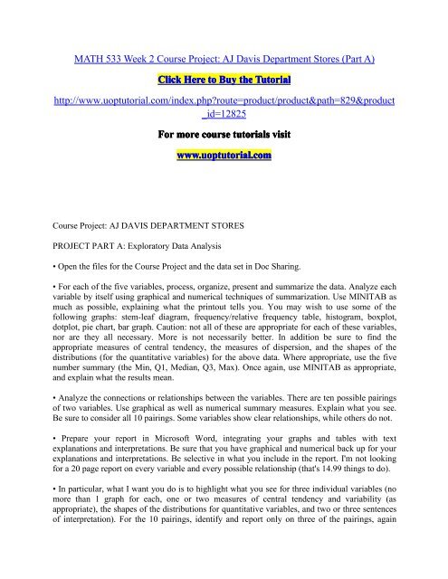 MATH 533 Week 2 Course Project AJ Davis Department Stores (Part A)