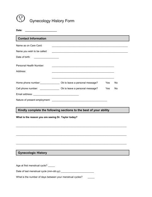 Gynecology History Form - Genesis Fertility Centre