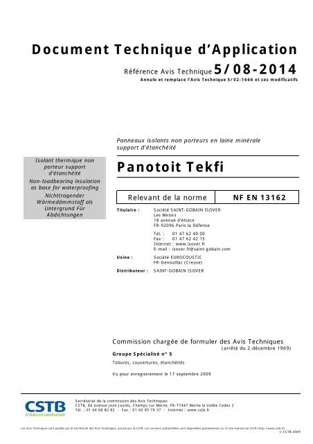 Document Technique d'Application Panotoit Tekfi - CSTB