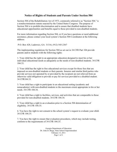 Notice of Rights of Students and Parents Under Section 504