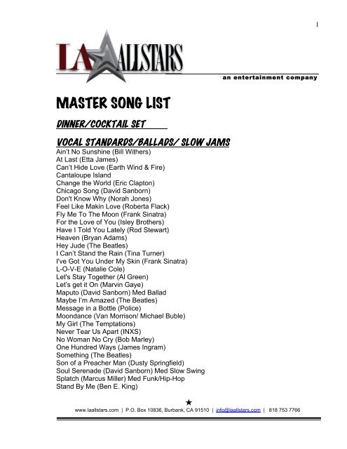 Master song list - LA Allstars