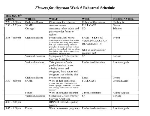 Week 5 Rehearsal Schedule - WBHS Theatre Arts Program