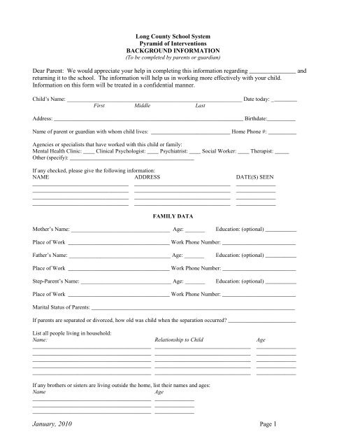 Pyramid of Interventions Background Information Form