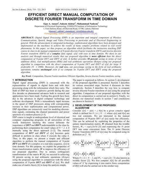 Efficient Direct Manual Computation Of Discrete Fourier Transform In